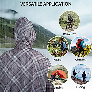 PTEROMY Hooded Rain Poncho for Adult with Pocket, Waterproof Lightweight Unisex Raincoat for Hiking Camping Emergency (Grey Grid)