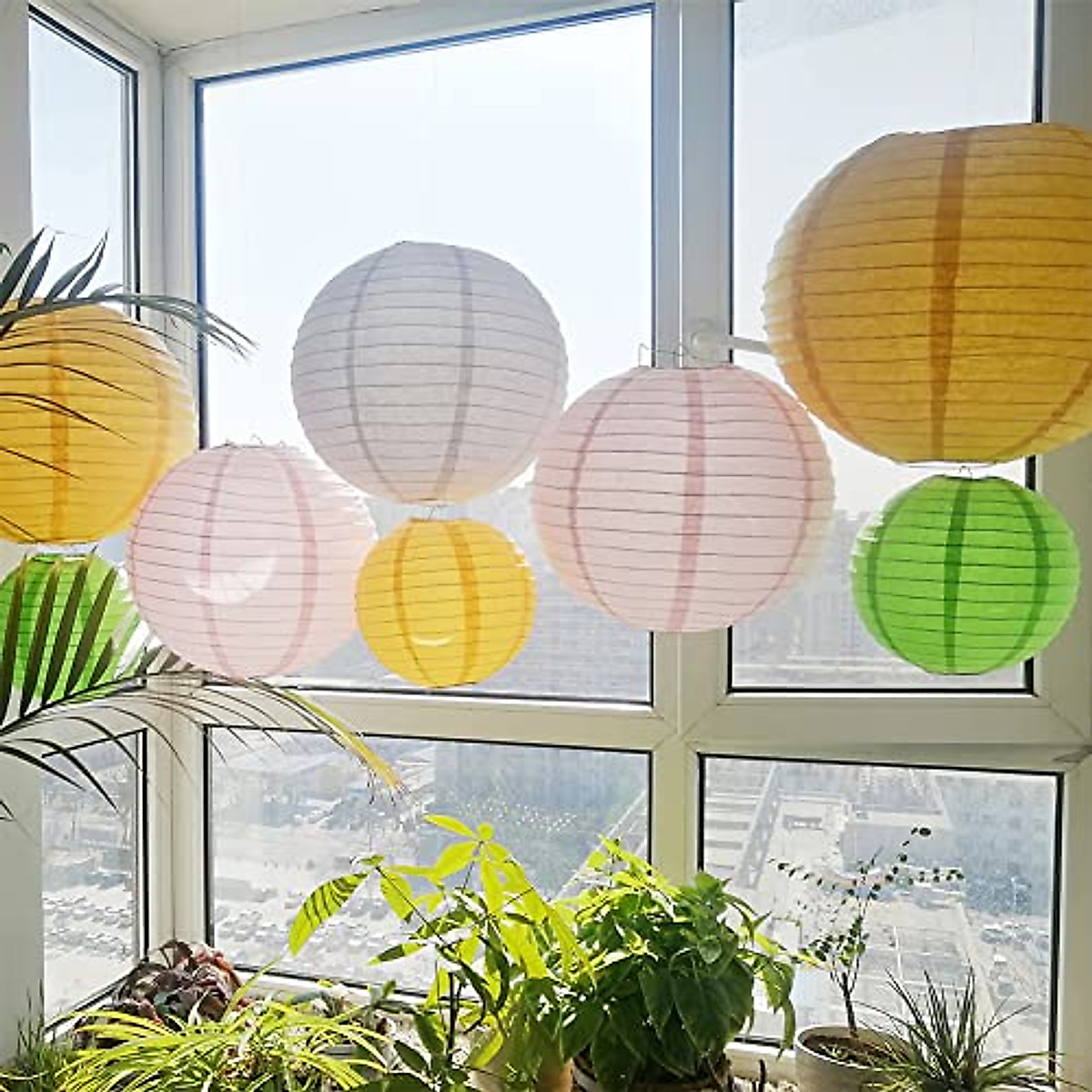 Chinese Style Paper Lanterns, Set of 5, Suitable for Party Decoration (Yellow, 10in)