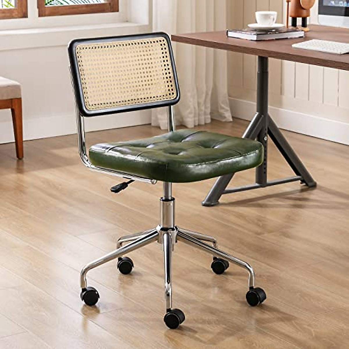 Zesthouse Mid Century Home Office Chair Leather Desk Chair with Rattan Back, Vanity Chair for Girl Women, Upholstered Tufted Swivel Chair for Bedroom Living Room,Height Adjustable Computer Task Chair