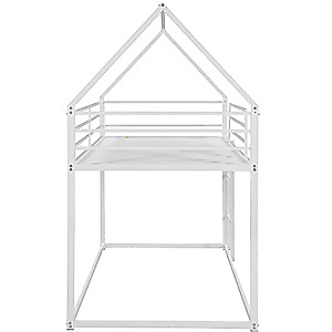 Merax Modern Heavy Metal House Low Bunk Bed Twin Over Twin, Montessori Floor Bunk Bed Frame with Full-Length Guardrail/No Box Spring Needed White