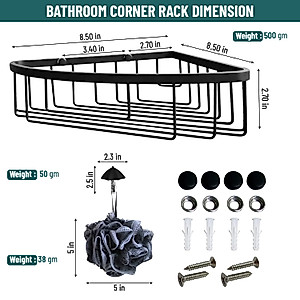 Stainless Steel Wall Mount Shower Caddy, Single Hook & Bath Wipe | Waterproof Durable Corner Shower Rack for Bathroom |Space Saving Bathroom Organizer & Storage for Shampoos Soap Bath Items | Black