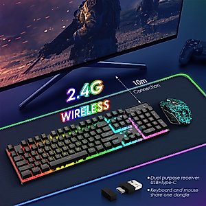 Wireless Gaming Keyboard and Mouse,Rechargeable Orange Backlit Keyboard Mouse with 3800mAh Battery,Mechanical Feel Gaming Keyboard,7 Color Gaming Mute Mouse,Gaming Mouse Pad for PC Gamer