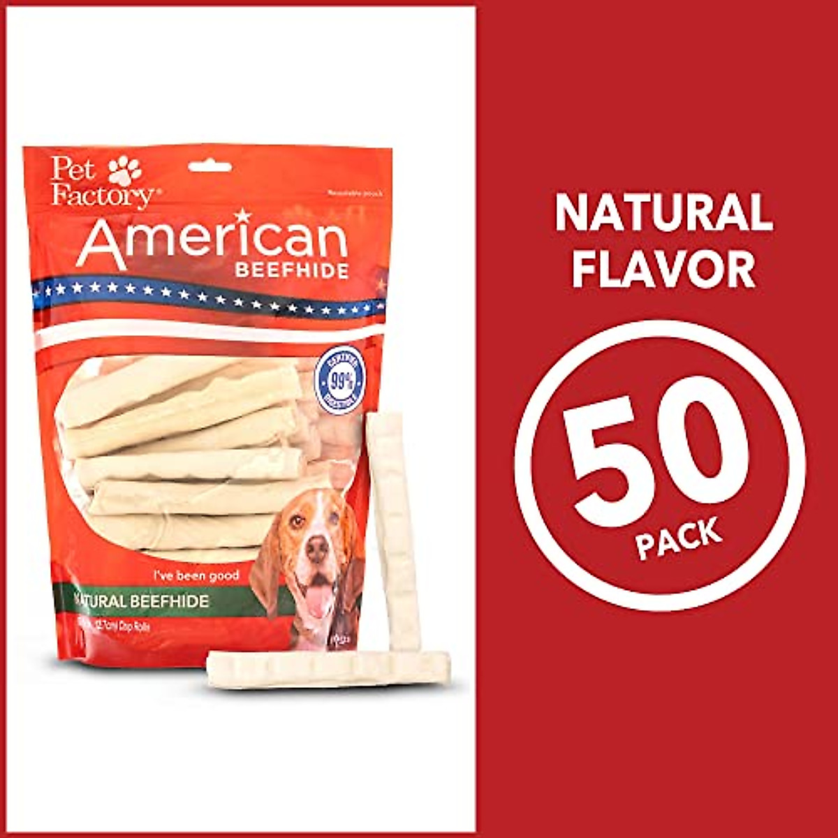 Pet Factory American Beefhide 5" Chip Rolls Dog Chew Treats - Natural Flavor, 50 Count/1 Pack