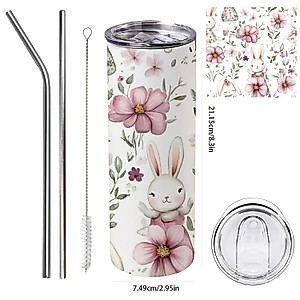 Tumbler with Lid and Straw Miss Rabbit and Flowers thermos coffee travel mugcute cups 20 oz insulated tumbler for Daily Holiday Decor Gift coffee cup