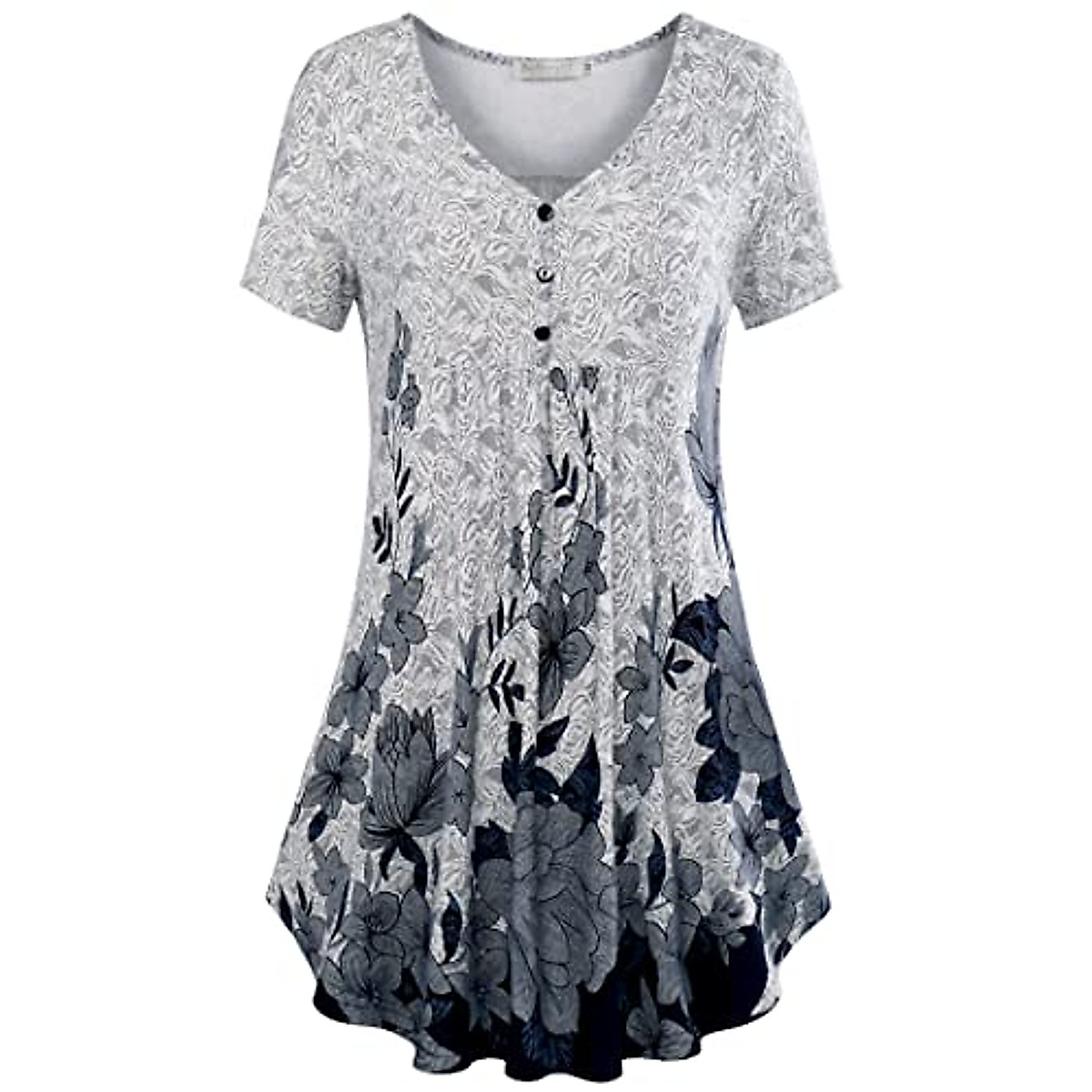 BAISHENGGT Women's V Neck Short Sleeve Buttons Pleated Flared Tunic Tops Grey - Peony XXL