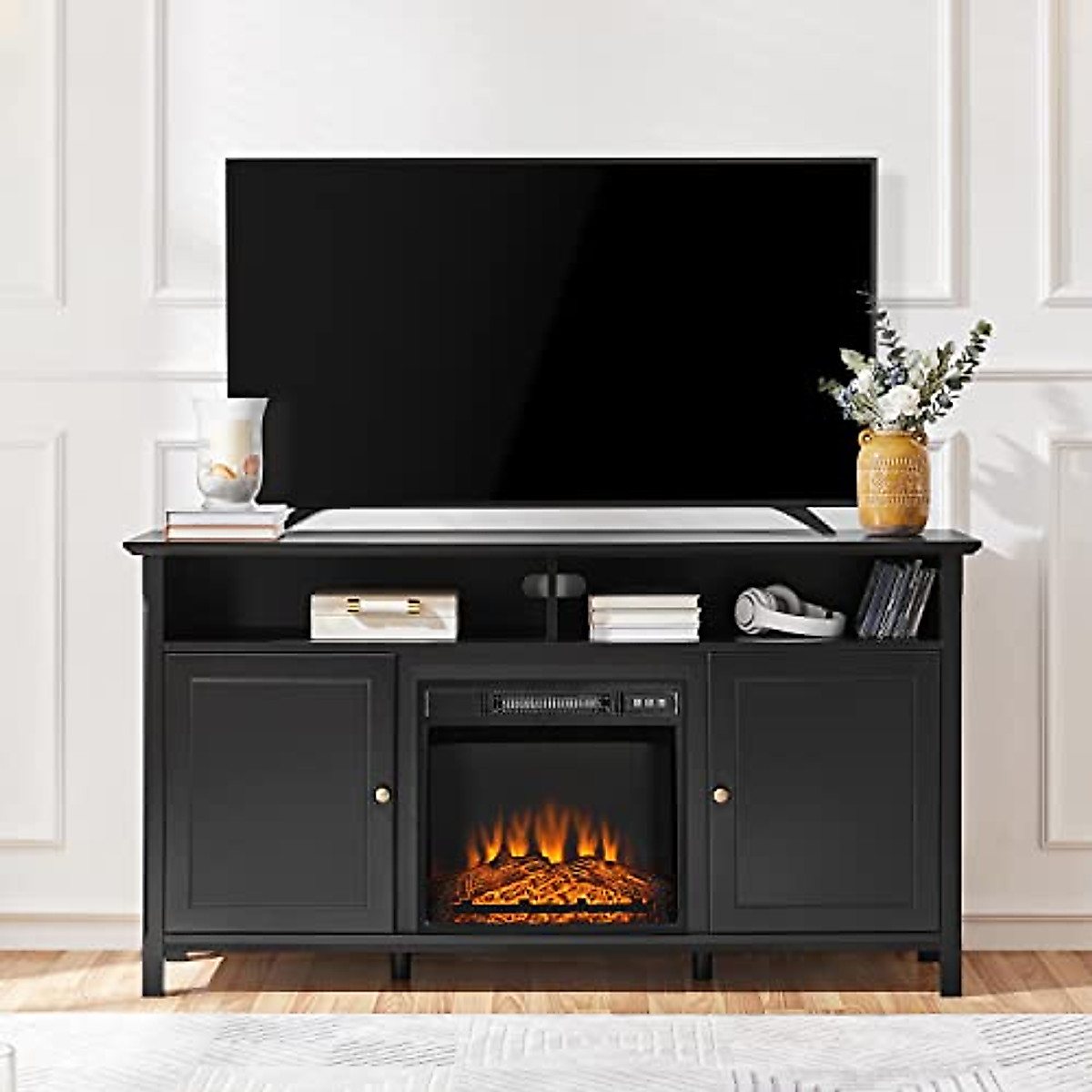 Yaheetech Black TV Stand for TVs up to 65 Inch, Modern Entertainment Center Media TV Console with Open Compartments & Double Doors, TV Cabinet with Storage for Living Room & Bedroom, 31 in Tall
