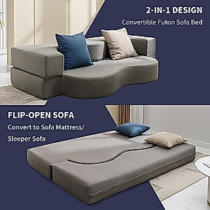 ijuicy Full Size Convertible Floor Sofa Bed, Futon Sofa Bed Foldable, Foam Folding Mattress Sleeper, Leathaire Fabrics Floor Couch Lounge Sleeper Bed for Small Spaces-Light Grey