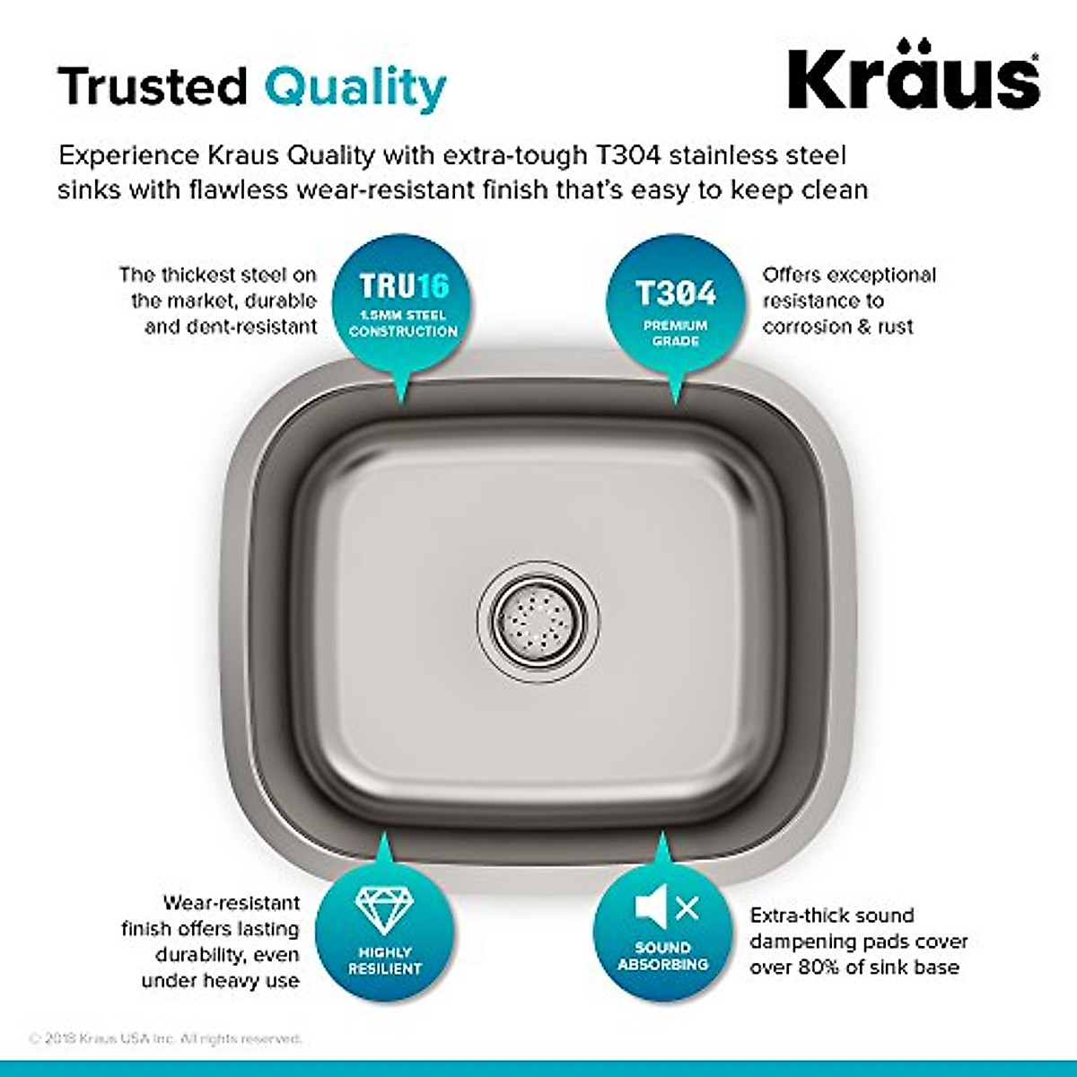 Kraus KBU11 20 inch Undermount Single Bowl 16 gauge Stainless Steel Kitchen Sink