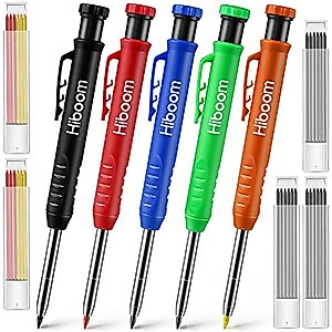 Hiboom Mechanical Carpenter Pencils with 30 Pcs 2.8mm Refills Replacement, Deep Hole Woodworking Maker with Built in Sharpener for Construction Woodworking Drafting Architect