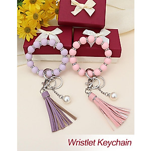Panny & Mody Silicone Key Ring Bracelet Wristlet Keychain with Silver Bling Zircon & Leather Tassel for Women Gift (Lilac)