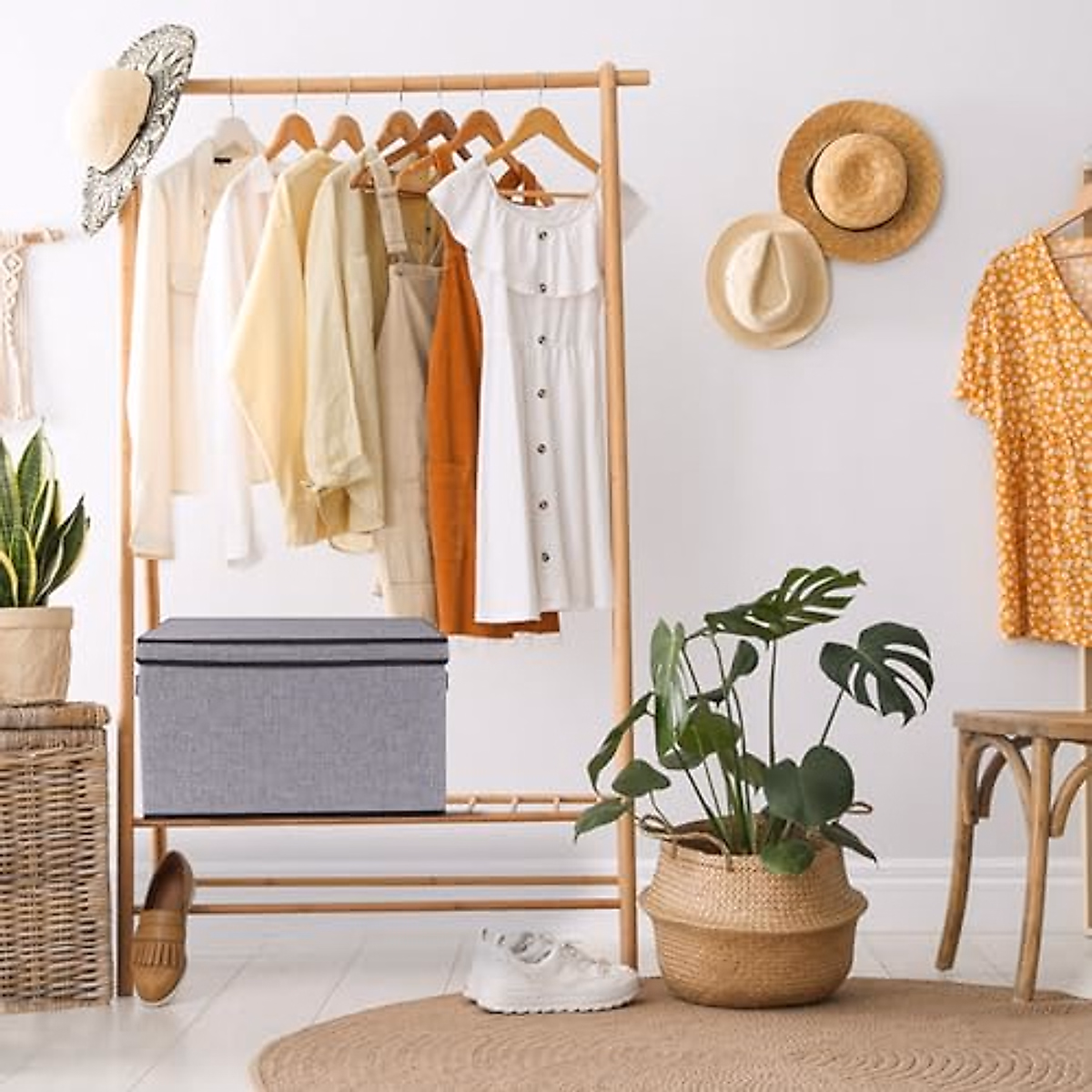 YheenLf Fabric Storage boxes,Storage Baskets for Shelves with Lids, Fabric Storage Bins with Handles, Decorative Linen Closet Organizers Boxes,Medium, Gray, 3-Pack