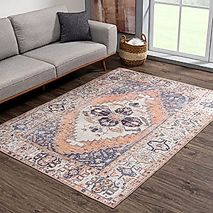 Bloom Rugs Washable 3x5 Rug - Orange/Blue/Beige Traditional, Distressed Area Rug for Living Room, Bedroom, Dining Room and Kitchen - Exact Size: 3' x 5'