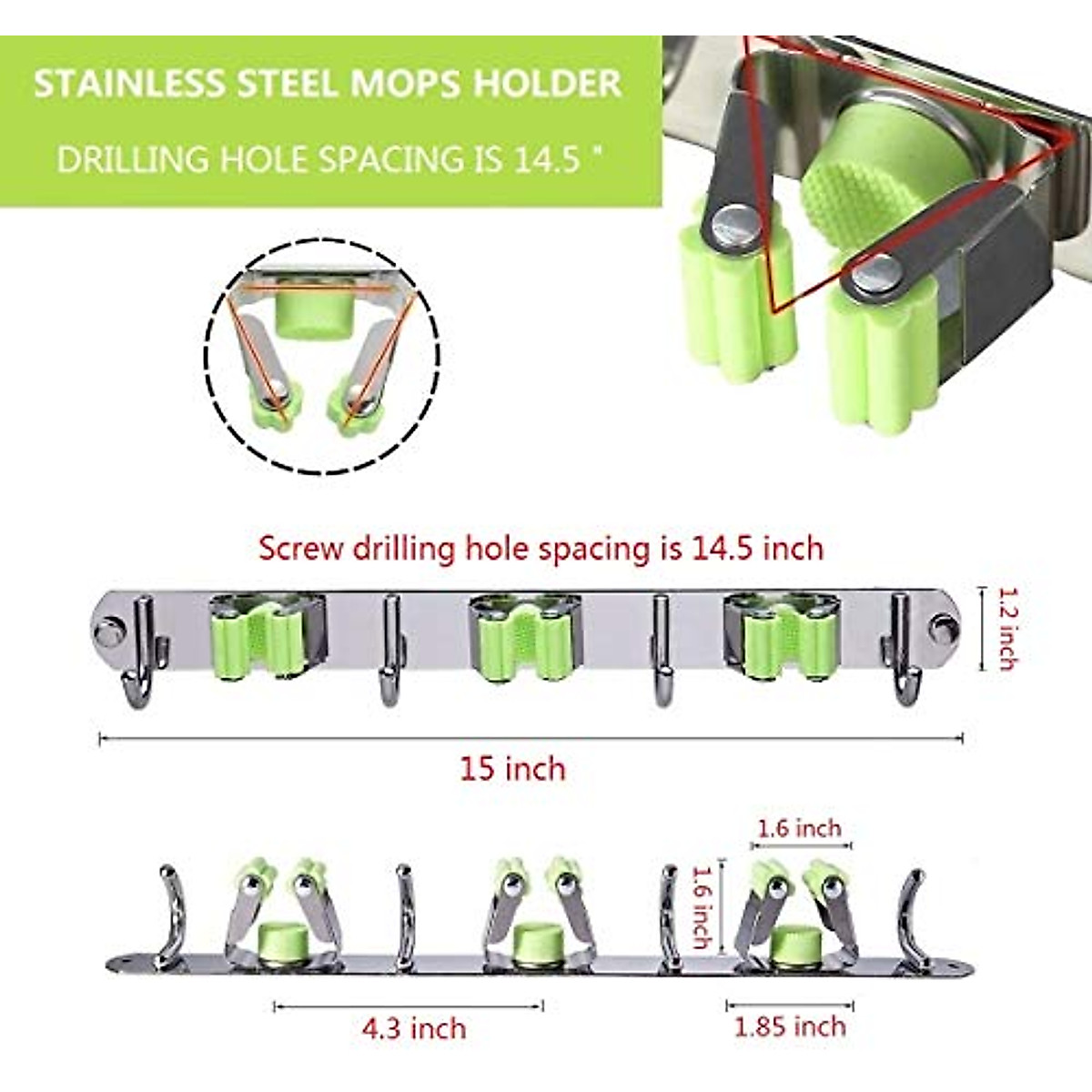 Fine Most Mop and Broom Holder Wall Mounted Storage Organizer Broom Holder Stainless Steel Mop Holder Utility Tool Organizers with 3 Position 4 Hooks for Laundry Room Garden Garage Closet Kitchen