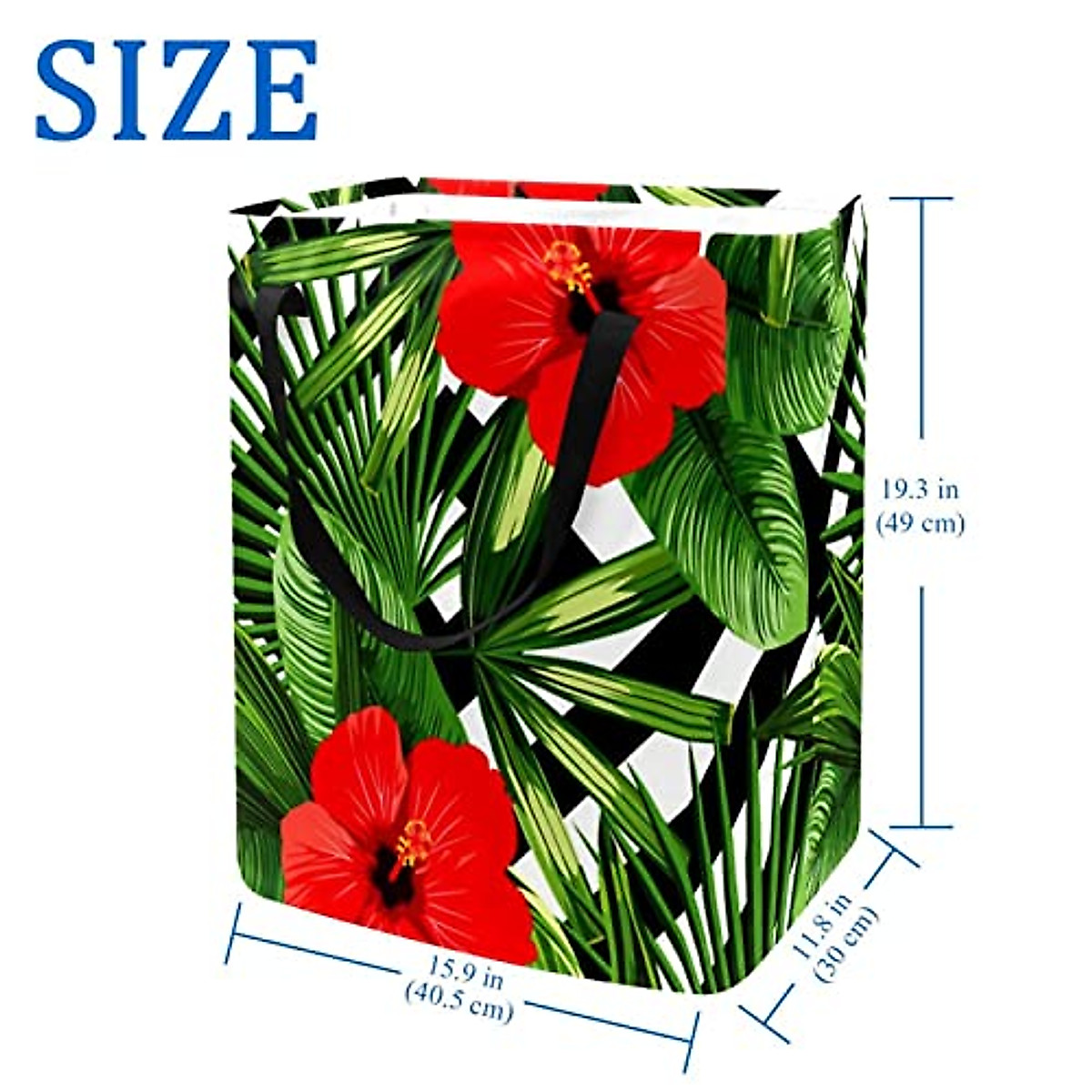 Red Hibiscus with Leaves in Striped Print Collapsible Laundry Hamper, 60L Waterproof Laundry Baskets Washing Bin Clothes Toys Storage for Dorm Bathroom Bedroom