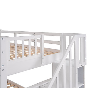 Twin Over Twin Bunk Bed with Stairs and 3 Storage Drawers, Solid Wood Bunk Bed Frame with Storage for Kids, Teens, Adults, Bedroom, Dorm. No Box Spring Needed (White)