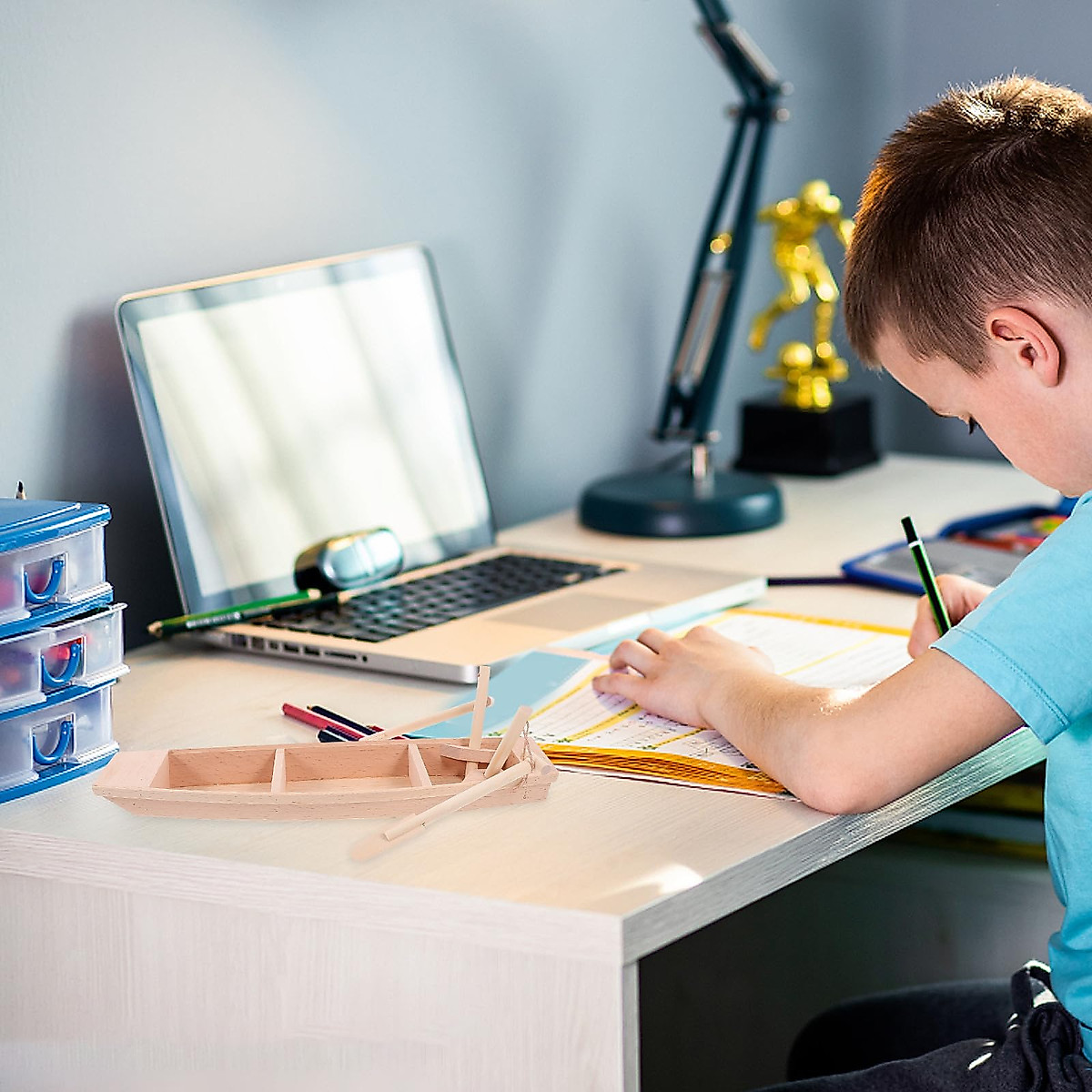 Unfinished Wooden Rowboat, Mini Wood Boat Model Figurine forIY Crafts School Project Birthday Party Home Office Table Decoration