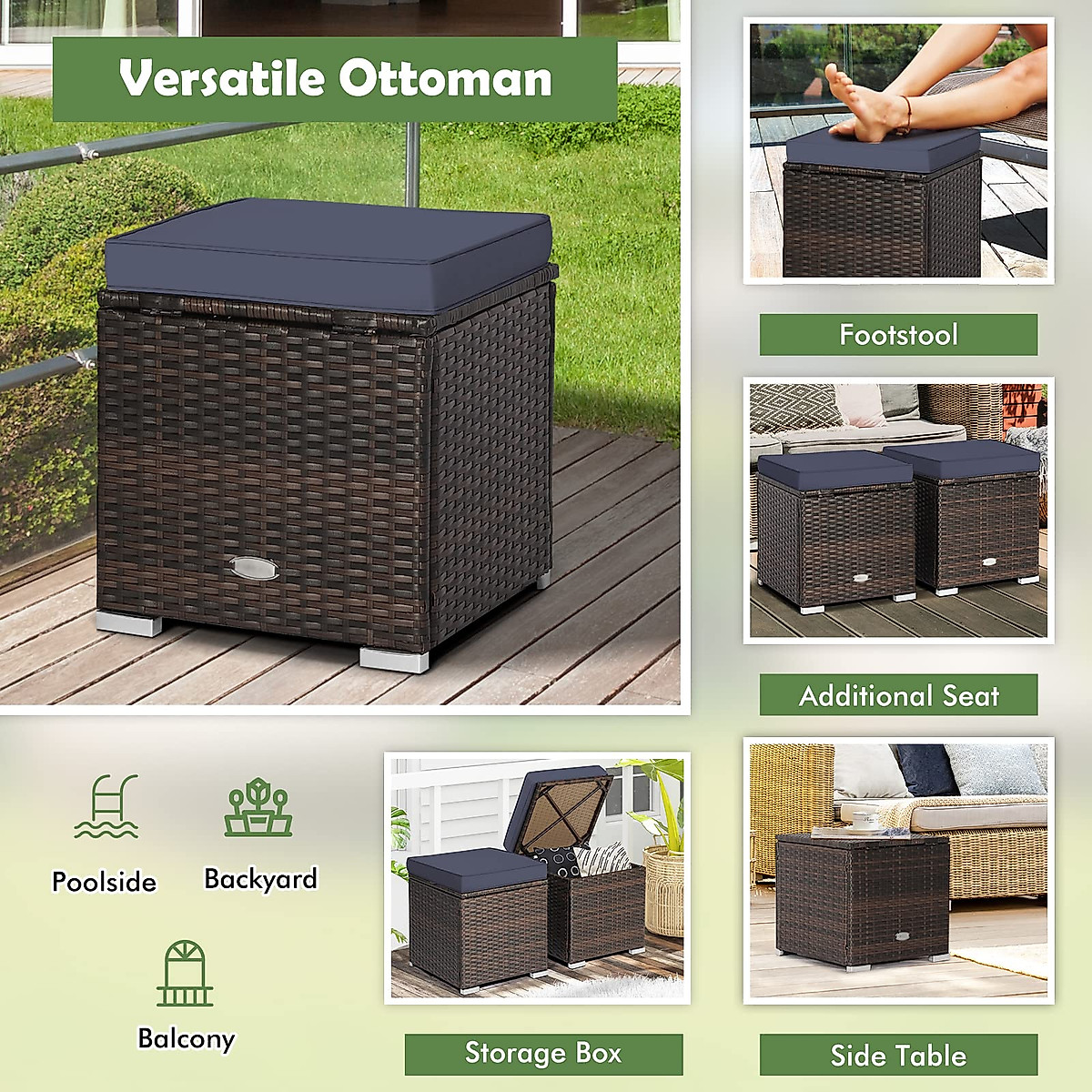 HAPPYGRILL 2 PCS Patio Ottoman Set Outdoor Wicker Stool with Storage, Rattan Footrest Ottoman with Solid Metal Frame and Cushion for Backyard Poolside Garden Balcony