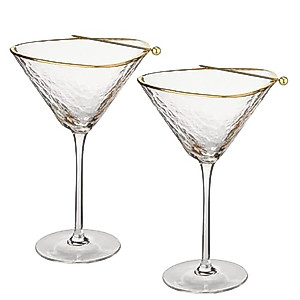Sister.ly Drinkware Handmade Hammered Martini Glasses with Gold Rim - Gold Rimmed Martini Glasses Set of 2 and 2 Gold-Plated Cocktail Picks, Unique Martini Glass. Perfect For Cocktails.