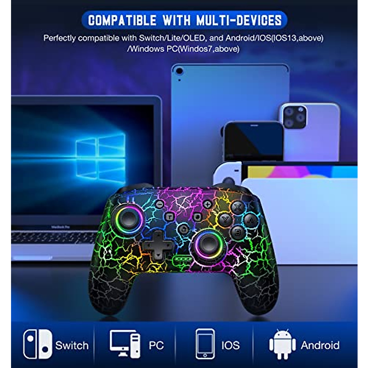 Gammeefy Switch Controller, Wireless Switch Pro Controller for Nintendo Switch/Lite/OLED, 9 Color Adjustable LED Switch Remote Compatible with PC/Android/IOS with Programmable Function