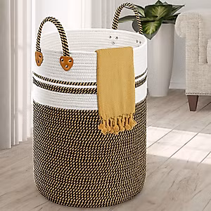 Tall Laundry Basket, Extra Large Rope Basket Large Storage Basket Modern Decorative Woven Basket for Living Room,Storage Baskets for Toys Throws Pillows and Towels 22"x16" Black