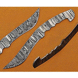 11 inches Long Dao Blade Hunting Knife, Hand Forged Ladder Pattern Damascus Steel Blade, 5" Finger Serration Scale Space with 4 Pin Hole, 6" Trailing Point Dao Blade with 5.5" Cutting Edge