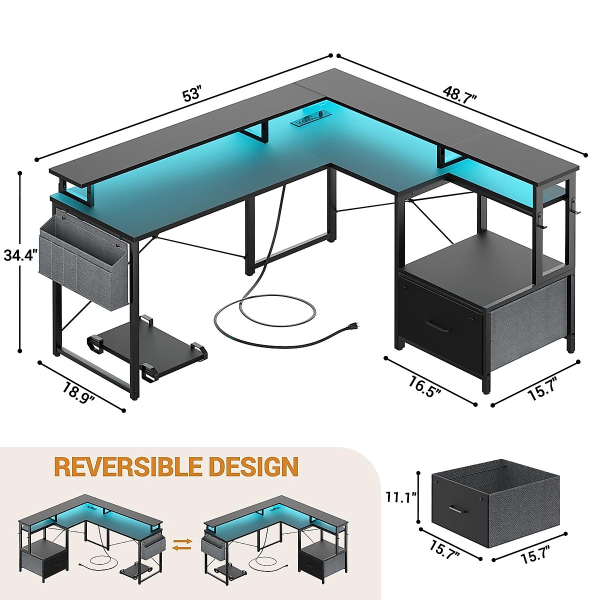 Unikito L Shaped Desk with File Drawer, Reversible L Shaped Computer Desk with Power Outlet & LED Lights, Home Office Desk Corner Desk with Monitor Shelf and Printer Cabinet, Gaming Desk, Black