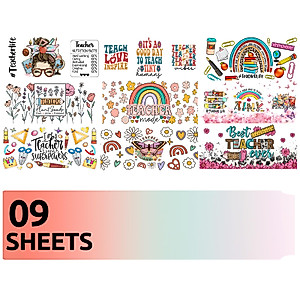 UV DTF Cup Wrap School Transfer for Glass 16oz, 9 Sheetes UV DTF Teacher Transfers Stickers Cup Decals, Rub on Transfers Cup Stickers for Crafts, Ready to Apply, Permanent Adhesive, No Heat Needed