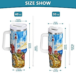 ODAWA Lighthouse Coffee Tumbler Reusable Insulated Water Bottle with Handle Travel Mug