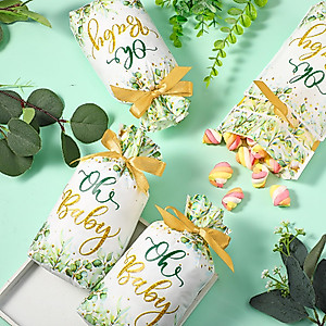 Bulyoou 50 Pcs Baby Shower Party Favors Bags Baby Plastic Drawstring Gift Bags Greenery Eucalyptus Candy Goodies Treat Bags for Baby Boy Girl Birthday Gender Reveal Party Supplies Decor 9 x 6 Inch