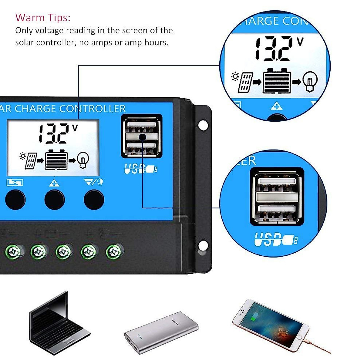 Y&H 10A 12V 24V PWM Solar Charge Controller Compact Design w/LCD Display Dual USB, Solar Panel Regulator fit for Lead-Acid Batteries Open AGM Gel