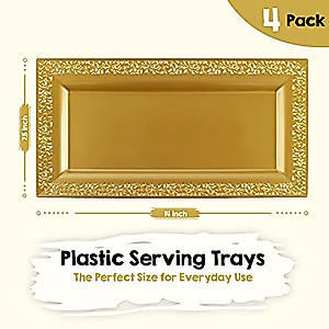 Yumchikel-Decorative Plastic Serving Tray & Platter Set (4pk)-Gold & lace Rim Disposable Serving Trays & Platters for Food - Weddings, Upscale Parties, Dessert Table, Cupcake Display - 14"x7.5" inches