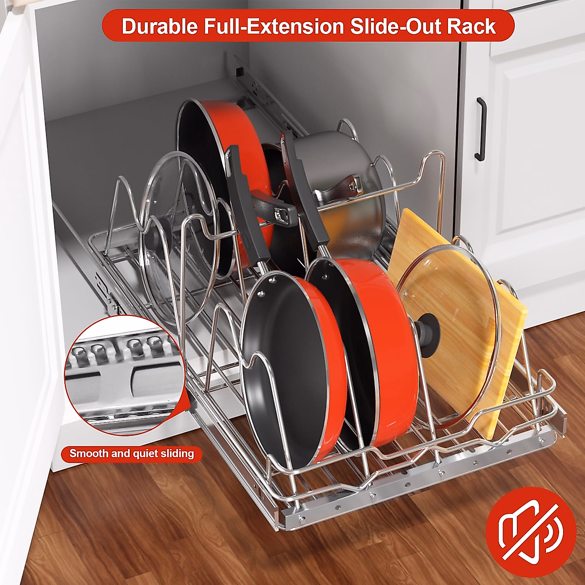 BONADOM 1 Tier Pull Out Pot and Pan Organizer Under Cabinet Kitchen, Slide Out Cookie Shelf Cutting Board Bakeware and lids Tray Storage 11''W x 21''D x 8.5''H- Sliding Pan and Pots Lid Holder