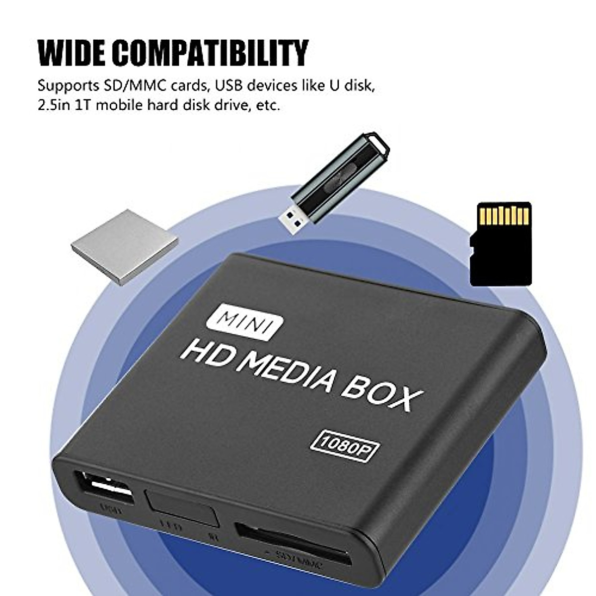 1080p HD Media Player, Mini MP4 Player Stereo Surrounding Sound with AV/HDMI/VGA/YPbPr Output with Remote Control Supports SD Cards and USB Drives Devices(US Plug)