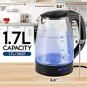 Zulay 1.7L Glass Electric Kettle with Blue LED Light - Borosilicate Glass Hot Water Kettle Electric - Electric Glass Kettle Water Boiler with Auto Shut-Off and Boil-Dry Protection