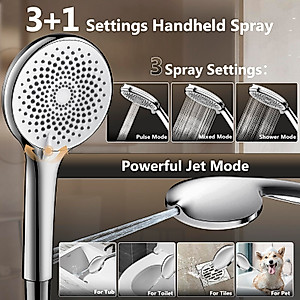Dual Shower Head, 10'' High Pressure Rain Shower Head with 16'' Upgraded Adjustable Extension Arm, 3+1 Settings Handheld Spray,Built-in Power Wash,Retractable 60'' Shower Hose, 3-Way Diverter, Chrome