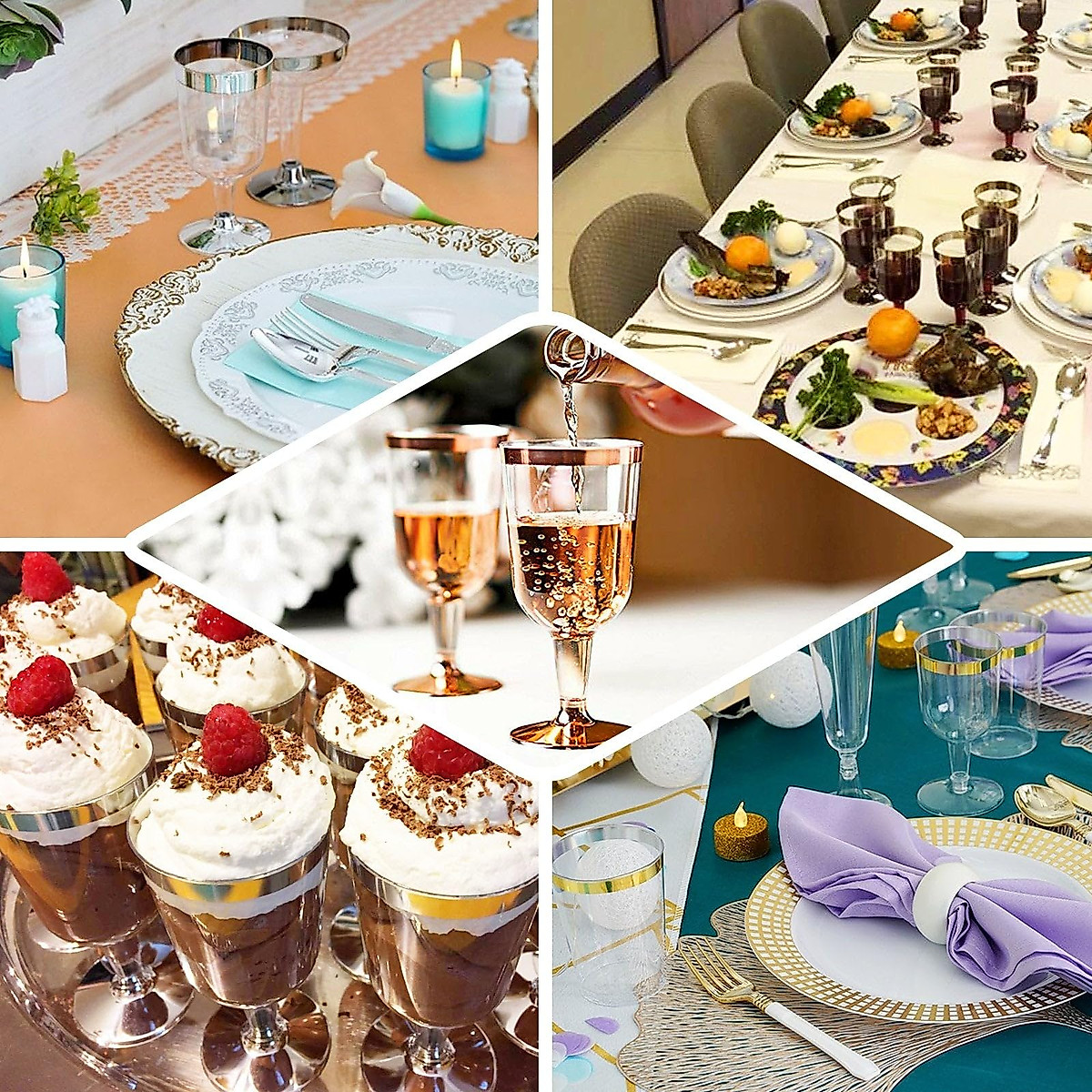 Efavormart 12 Pack 6.5 oz Plastic Wine Glasses Disposable 2-Piece Rose Gold Rimmed Design With Detachable Base