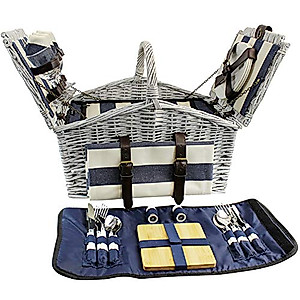 HappyPicnic 'Huntsman' Willow Picnic Hamper for 4 Persons with 'Built-in' Insulated Cooler, Wicker Picnic Basket with Canvas Stripe Lining, Willow Picnic Set, Picnic Gift Basket (Navy Stripe)