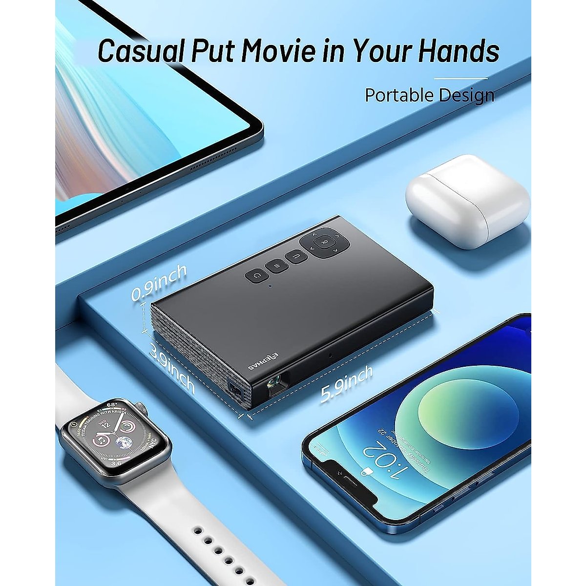 Mini Projector, ELEPHAS DLP Portable Projector with WiFi and Bluetooth, 1080P Outdoor pocket Rechargeable Wireless projector for Camping Compatible with iPhone, Android, PS4(Bag and Tripod included)