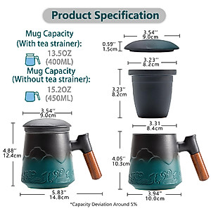 ZENS Tea Cup with Infuser and Lid, Wood Handle Loose Leaf Tea Steeper Mug, 15.2 Ounces Gradient Embossed Ceramic Tea Strainer Mug for Gifts, Black&Green