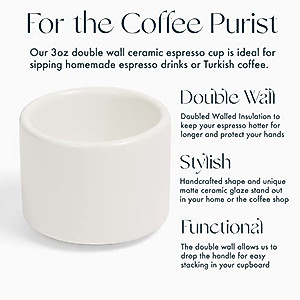 Folk Ceramics Leonard Double Walled Ceramic Espresso Cups | Set of 2, 3oz, Whisper White | Modern Insulated Stackable Demitasse Mugs for Espresso| Handleless, Durable, Dishwasher & Microwave Safe