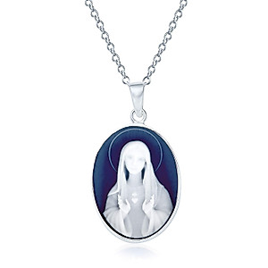 Personalize Vintage Style Simulated Blue Agate Miraculous Our Lady Of Guadalupe Blessed Madonna Oval Virgin Mary Cameo Pendant Necklace For Women .925 Sterling Silver