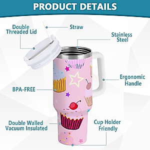 ODAWA Large with Lid and Straw, Cute Cupcake Pink Spill Proof Tumbler with Straw Stainless Steel Insulated Tumblers