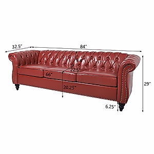 LEVNARY Chesterfield Sofa, Classic Tufted Upholstered Leather Couch, Modern 3 Seater Couch Furniture with Tufted Back for Living Room Office (Wine Red)