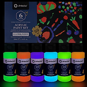Artecho Glow in the Dark Paint - Set of 6 Colors, 59 ml / 2 oz Acrylic Paint for Decoration, Art Painting, Outdoor and Indoor Art Craft, Supplies for Canvas, Rock, Wood, Waterproof, Rich Pigments for Adults, Students, Kids