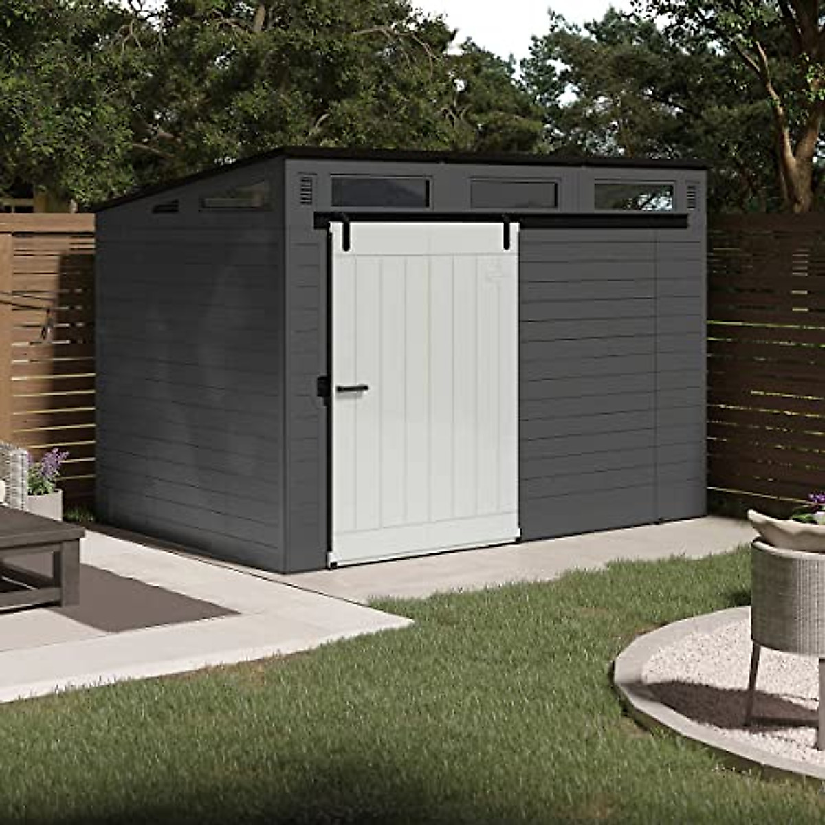 Suncast Modernist 10' x 7' Outdoor Storage Shed with Pad-Lockable Sliding Barn Door, All-Weather Shed for Outdoor Storage Items, Gray
