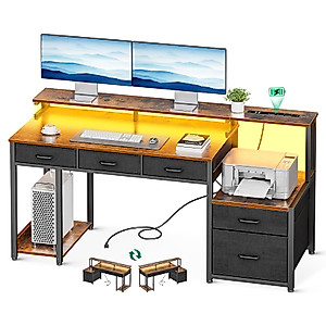 AODK 55 Inch Computer Desk with 3 Drawers and File Cabinet for Storage, Office Desk with Monitor Stand and LED Lights, Home Office Desks, Vintage