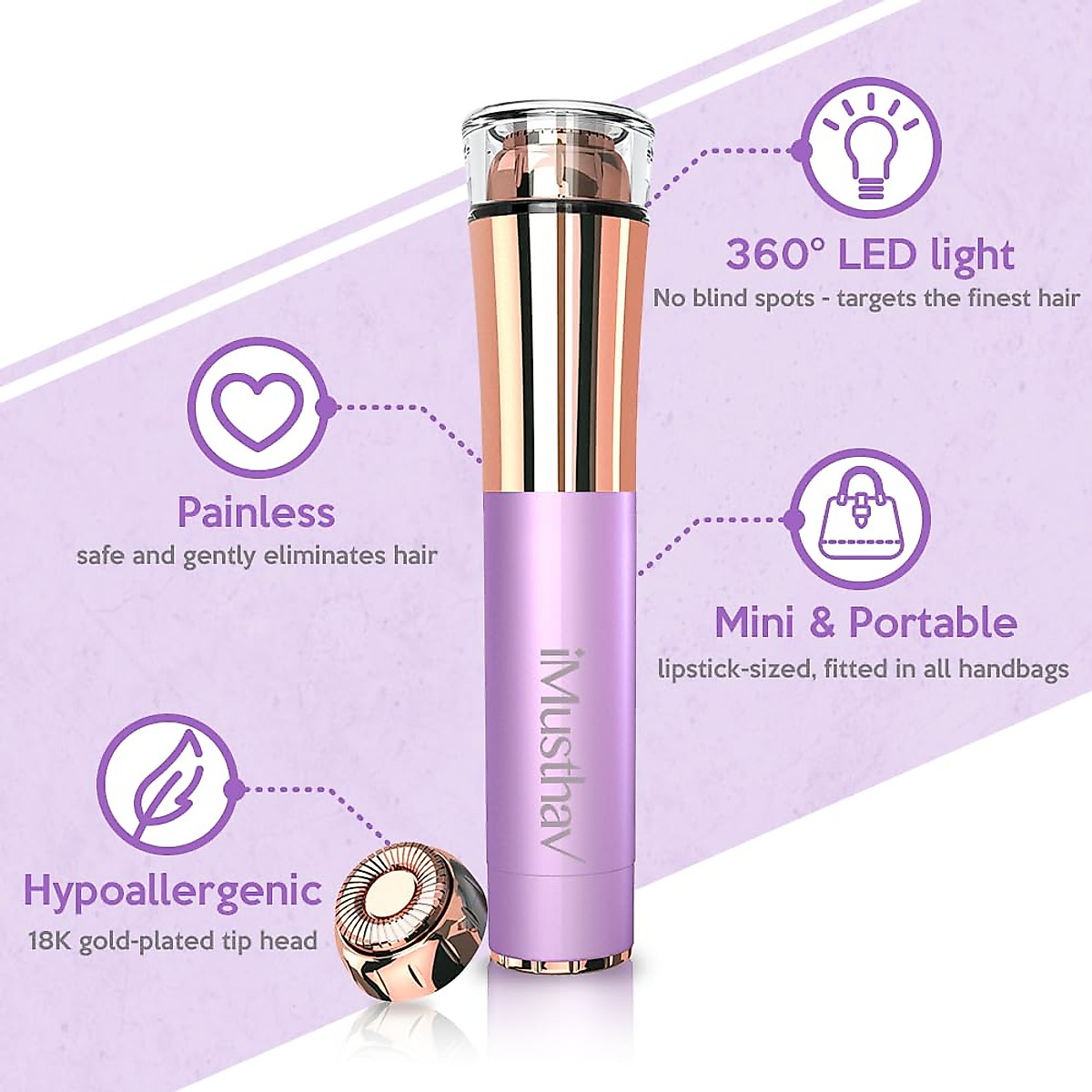 Mini Portable Facial Hair, Lips and Chin Removal Trimmer for Women, Facial Painles Epilator Pen, 18K gold-plated 13mm hypoallergenic rotary head. 360° LED light for Instant and Painless Hair Removal