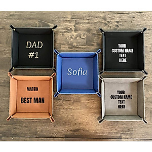Customized Leather Valet Tray with Snaps Jewelry Key Coin Watch Glasses Tray with Custom Name Text - Wedding Holiday Birthday Corporate Gift (Brown)