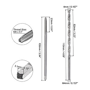 uxcell Tap & Bit Sets, M4 x 0.7 H2 Straight Flute Machine Thread Milling Tap 100mm Extra Long, 4mm High Speed Steel (HSS) Twist Drill Bit