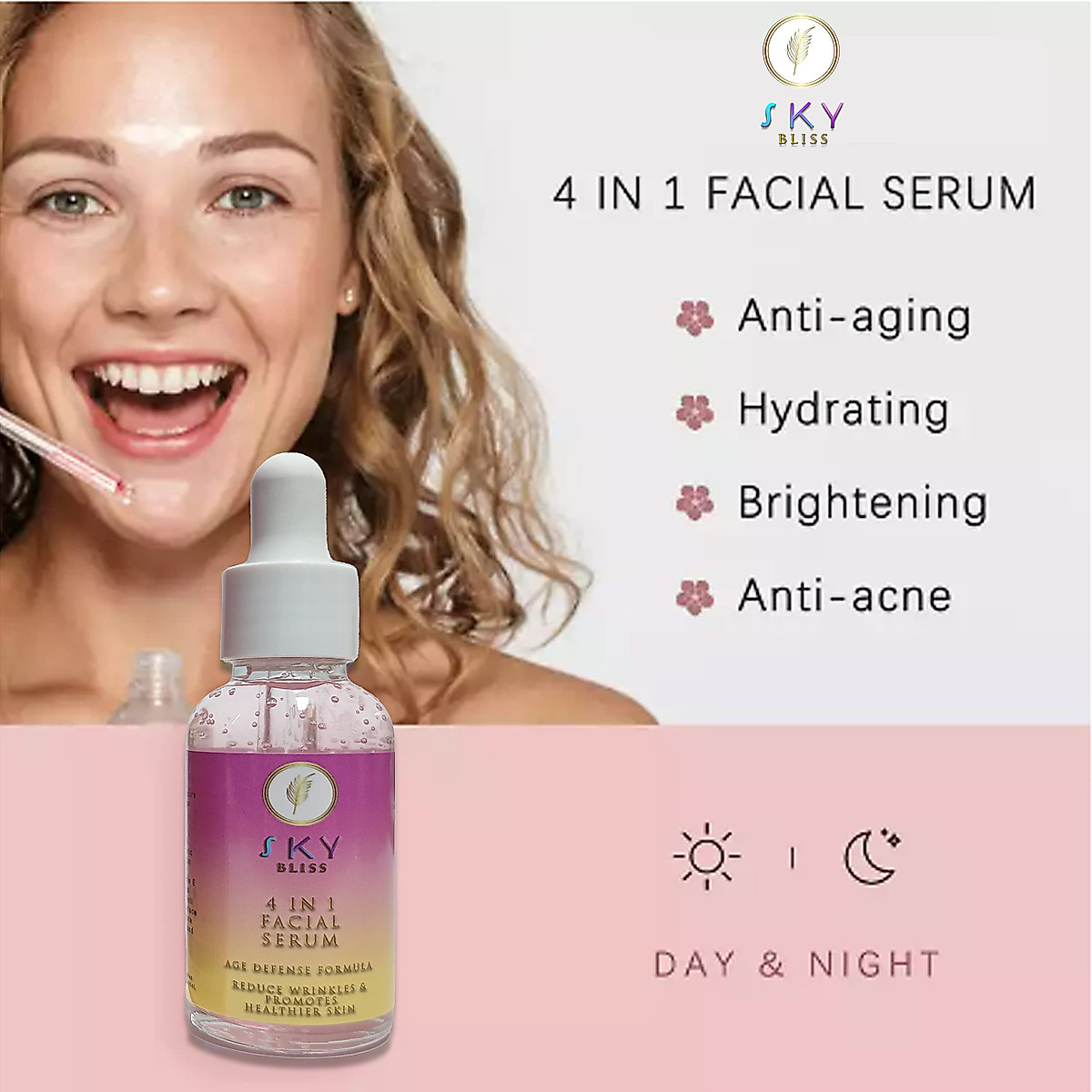 Sky Bliss Skin Serum | Hyaluronic acid | Vitamin C | Vitamin E | Niacinamide | Anti wrinkle | Face serum | Moisturizer | Anti aging | Skin care | 4 in 1 facial serum